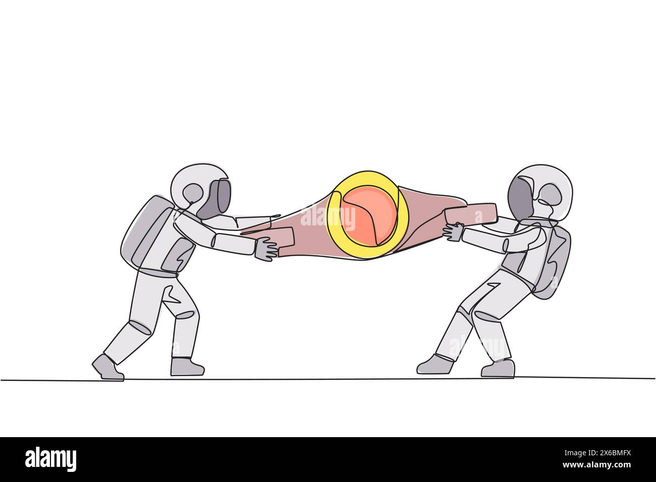 Single continuous line drawing two emotional astronaut fighting over boxing belt. Fight for to ...