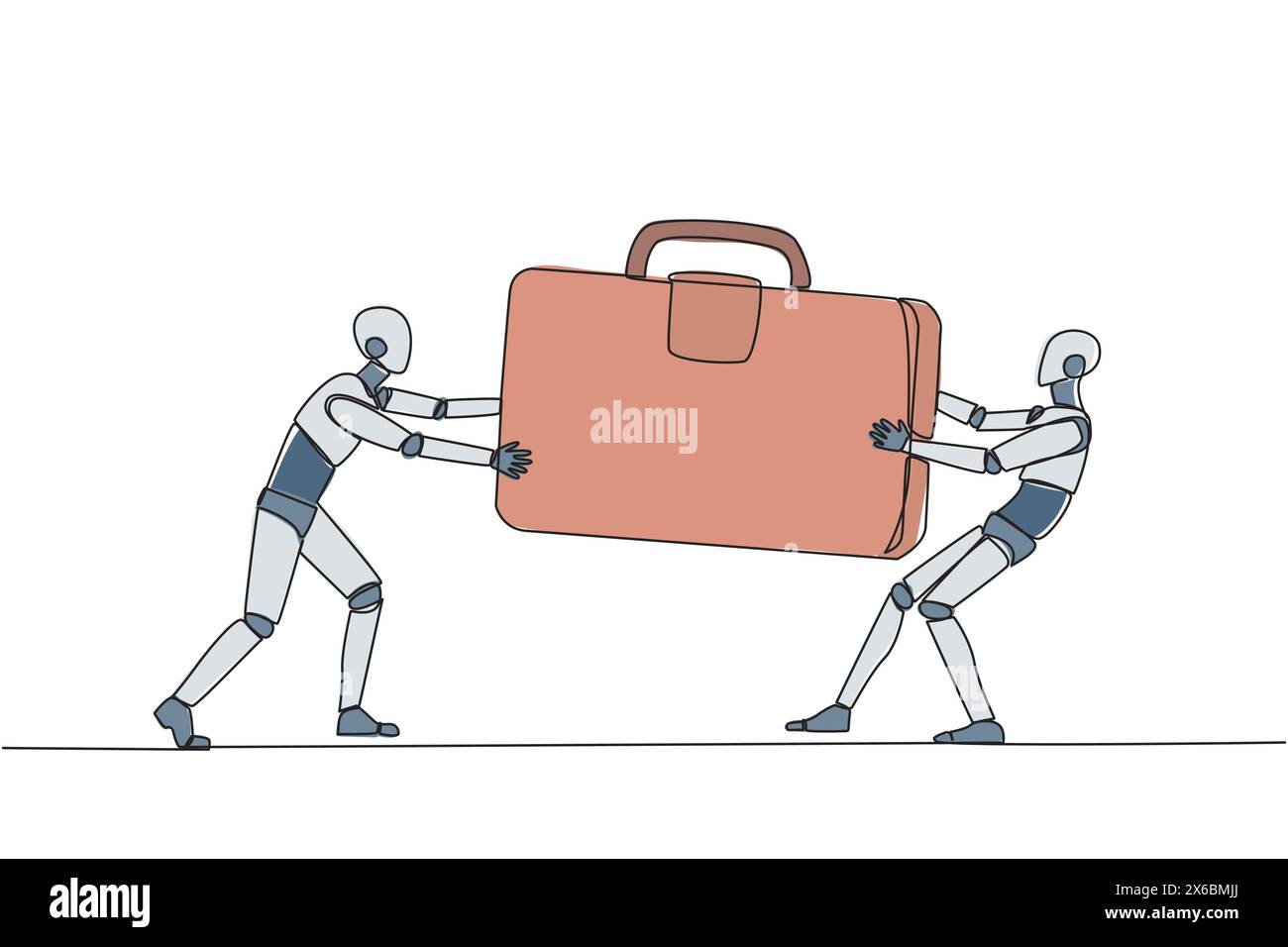 Continuous one line drawing two aggressive robot fighting over the ...