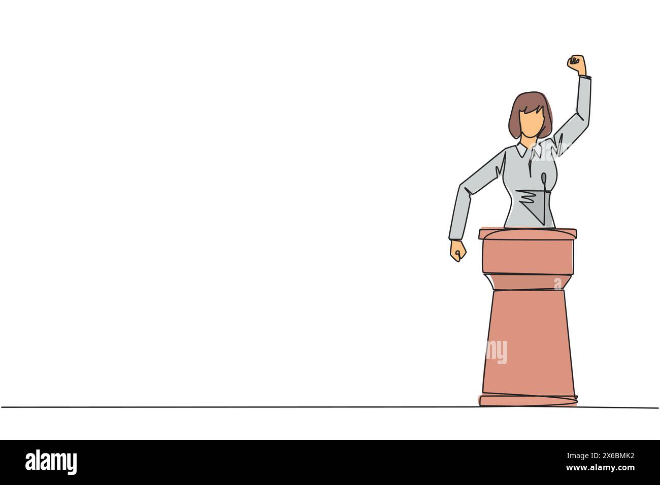 Single continuous line drawing young businesswoman speak at the podium ...