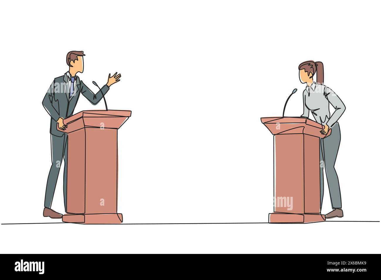 Continuous one line drawing businessman and businesswoman arguing on ...