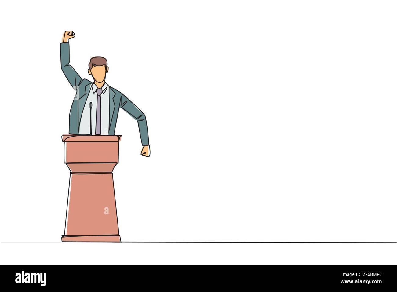 Continuous one line drawing young businessman speak at the podium by ...