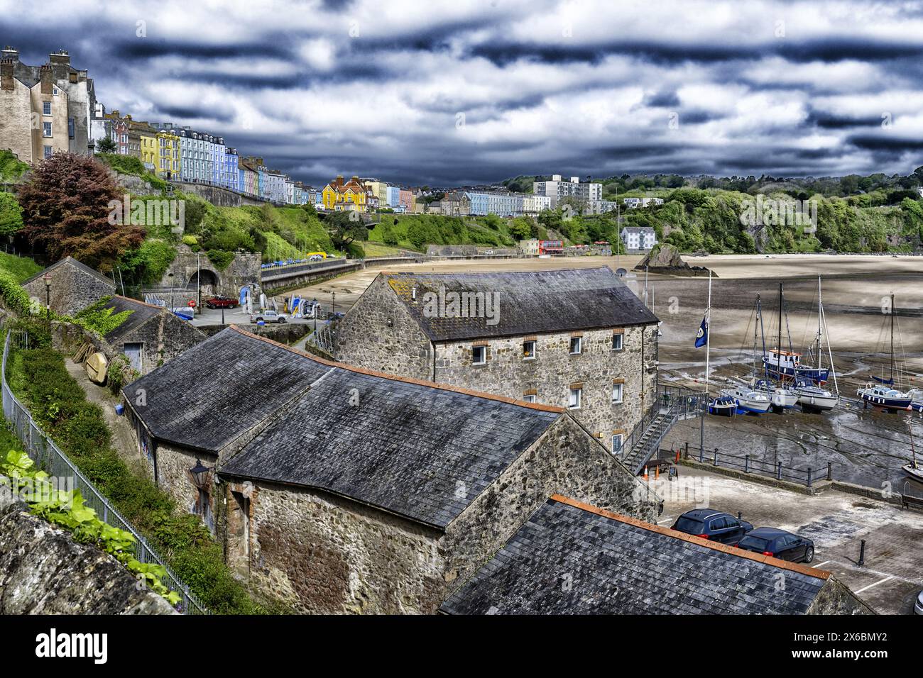 Landscape view looking towards the North Beach at Tenby, Pembrokeshire ...