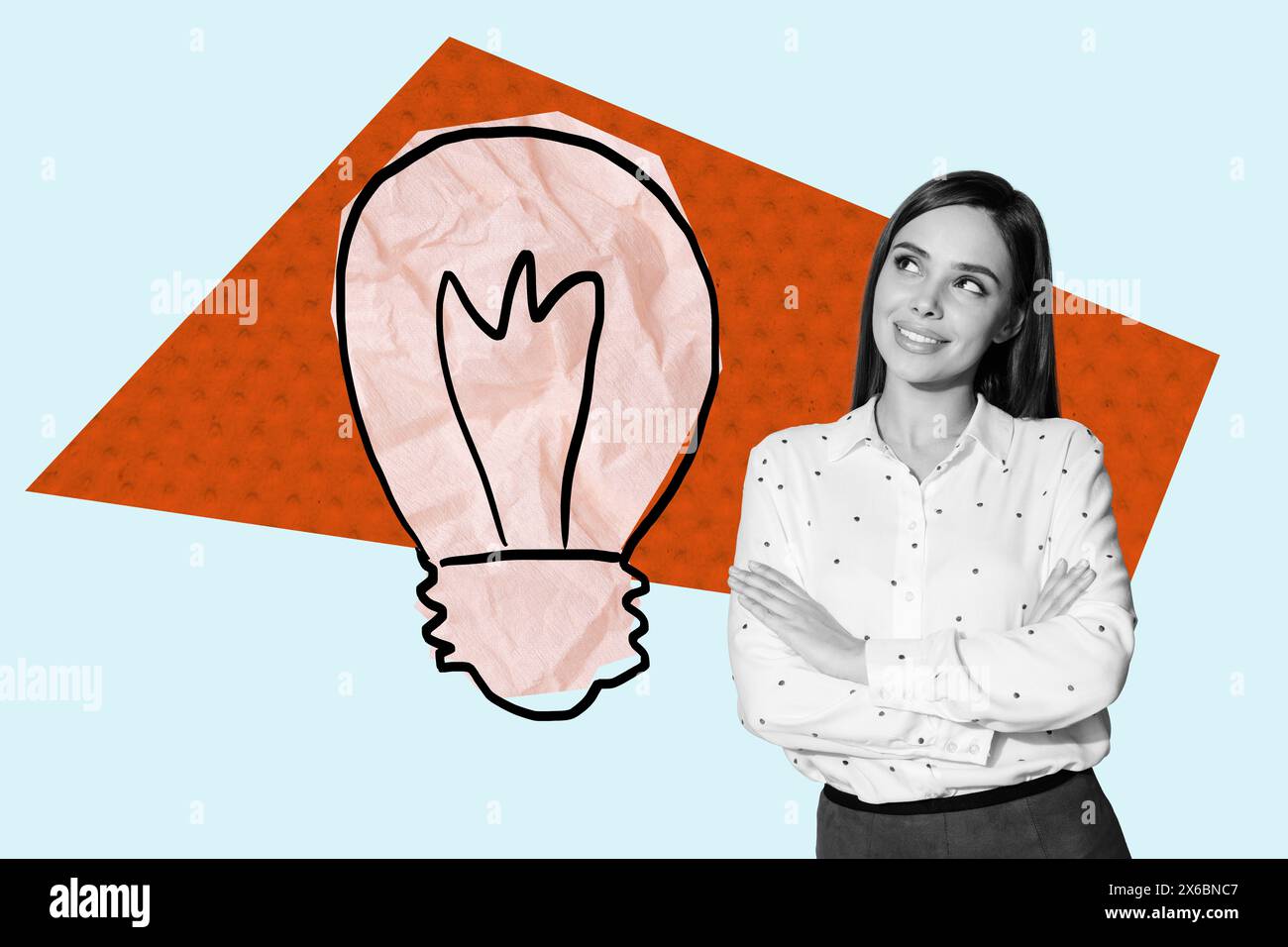 Creative image collage picture young cheerful woman lightbulb genius ...