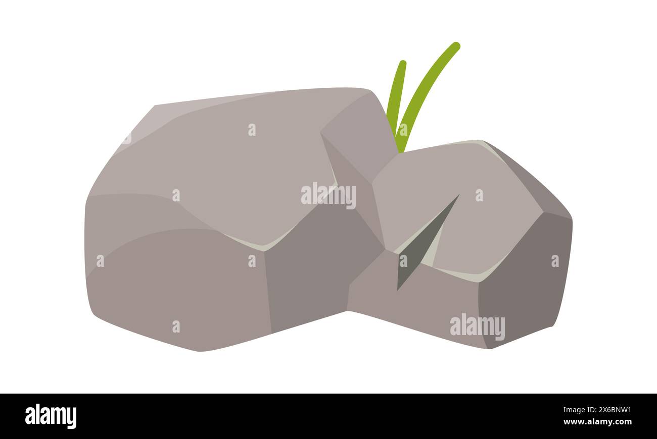 Rock stone with green leaf of grass, cracked boulder of mountain ...