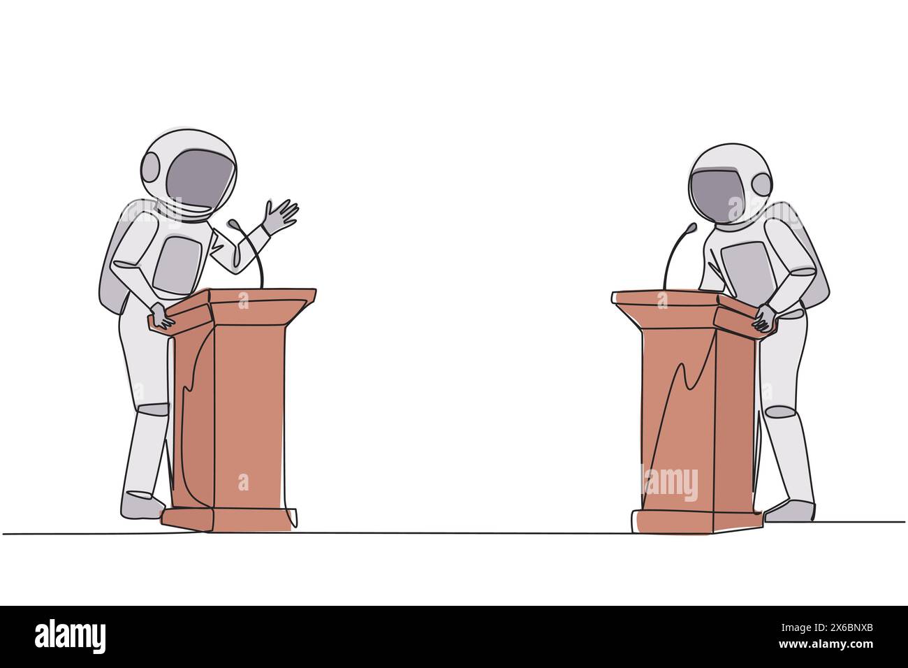 Single continuous line drawing two astronauts arguing on the podium. Throwing opinions on the ...