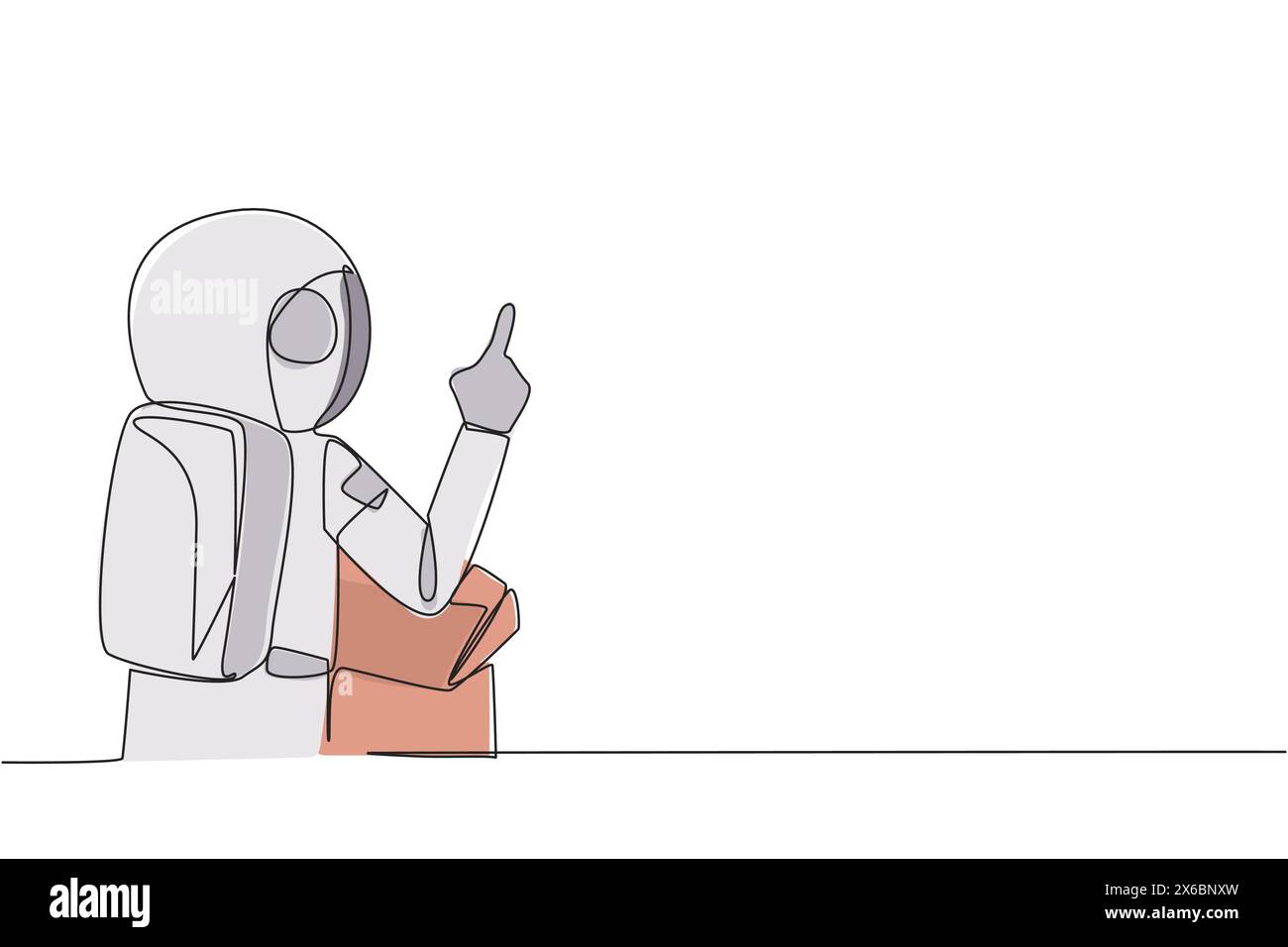 Single one line drawing from back view young astronaut speaking at ...