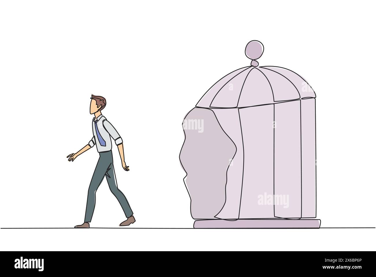 Continuous one line drawing businessman trapped in cage and walking ...
