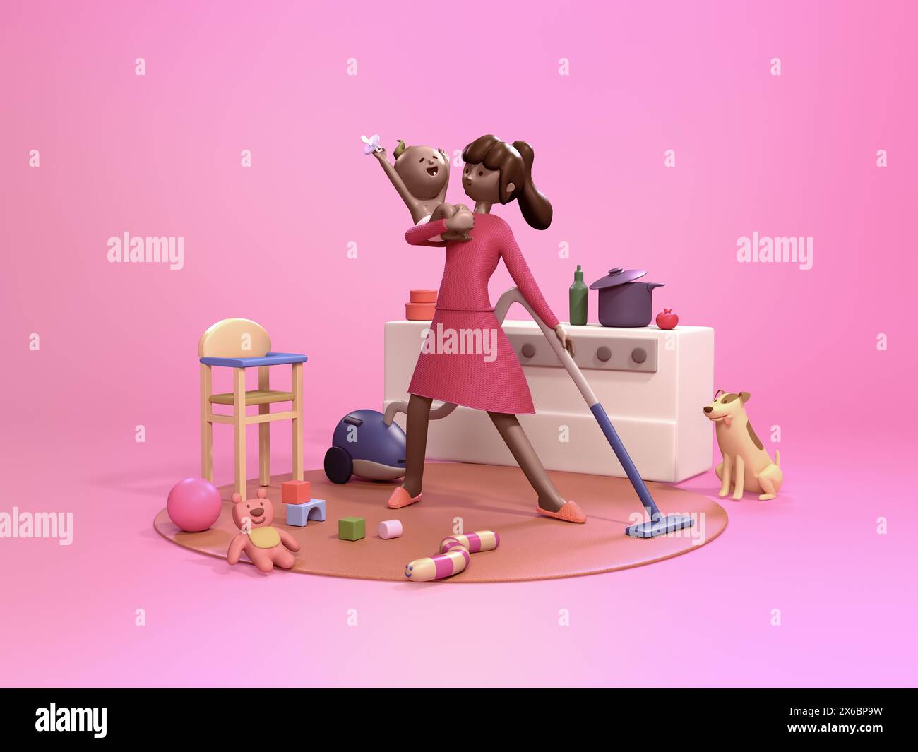 Mother taking care of baby while cleaning and cooking - cartoon home 3d ...