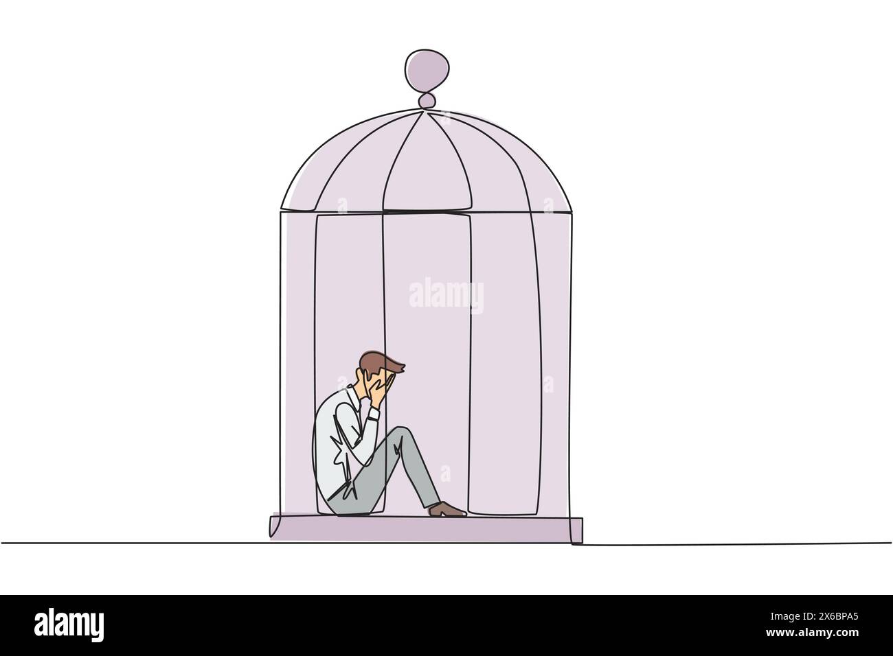 Continuous one line drawing businessman trapped in the cage sitting ...