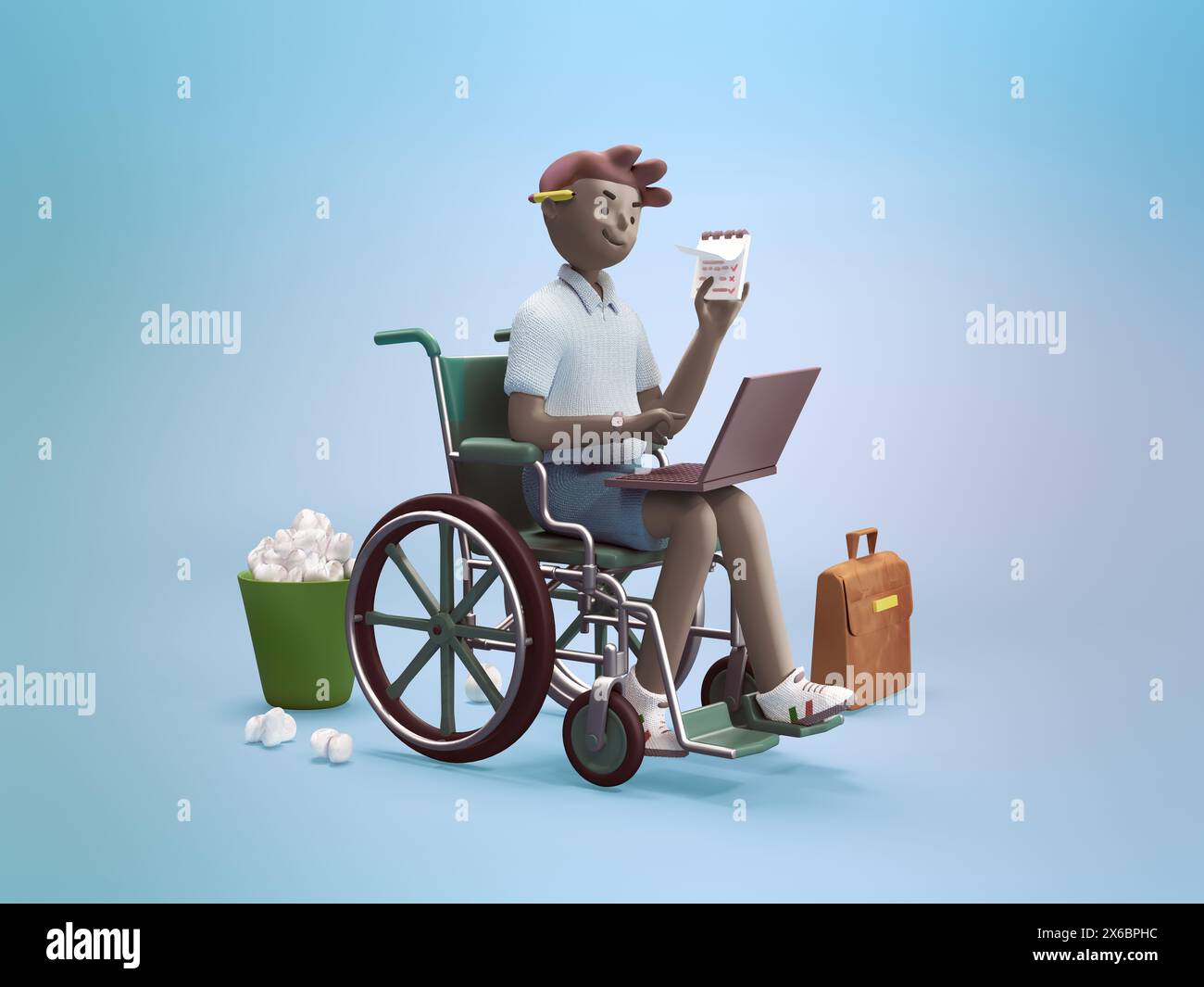 Disabled man working hard from home - cartoon home 3d illustration ...