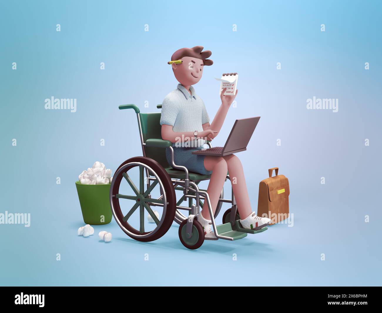 Disabled man working hard from home - cartoon home 3d illustration ...