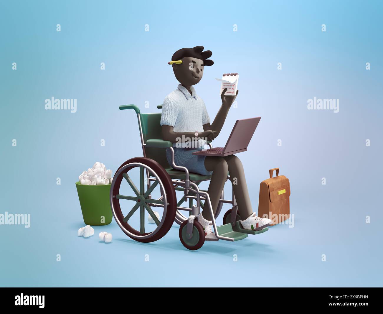 Disabled man working hard from home - cartoon home 3d illustration ...