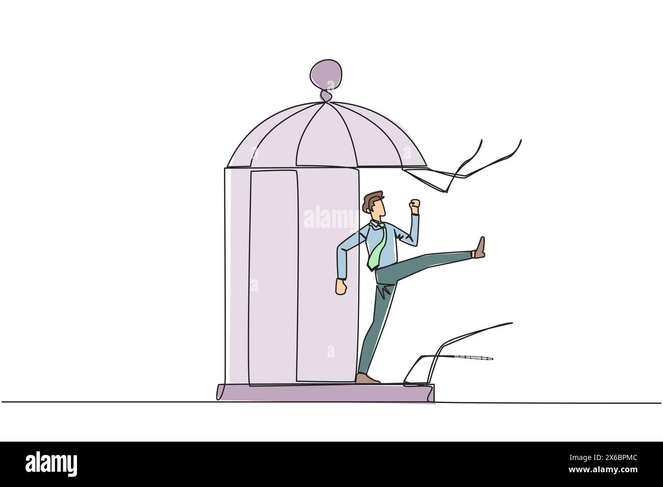 Single one line drawing businessman trapped in cage kick the cage until ...