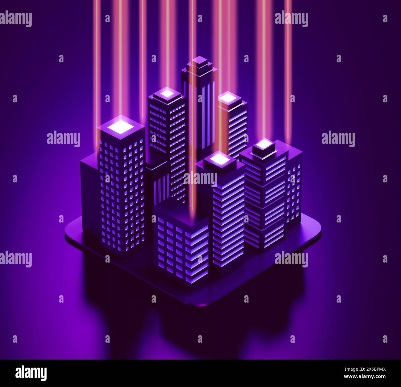 Purple isometric city skyscrapers with connection rays Stock Photo - Alamy