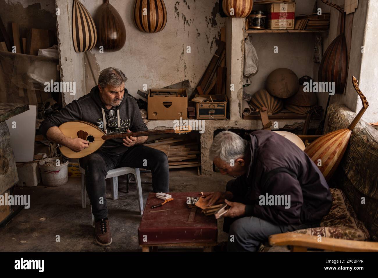 Al Bab, Syria. 12th May, 2024. A man plays the oud instrument while ...