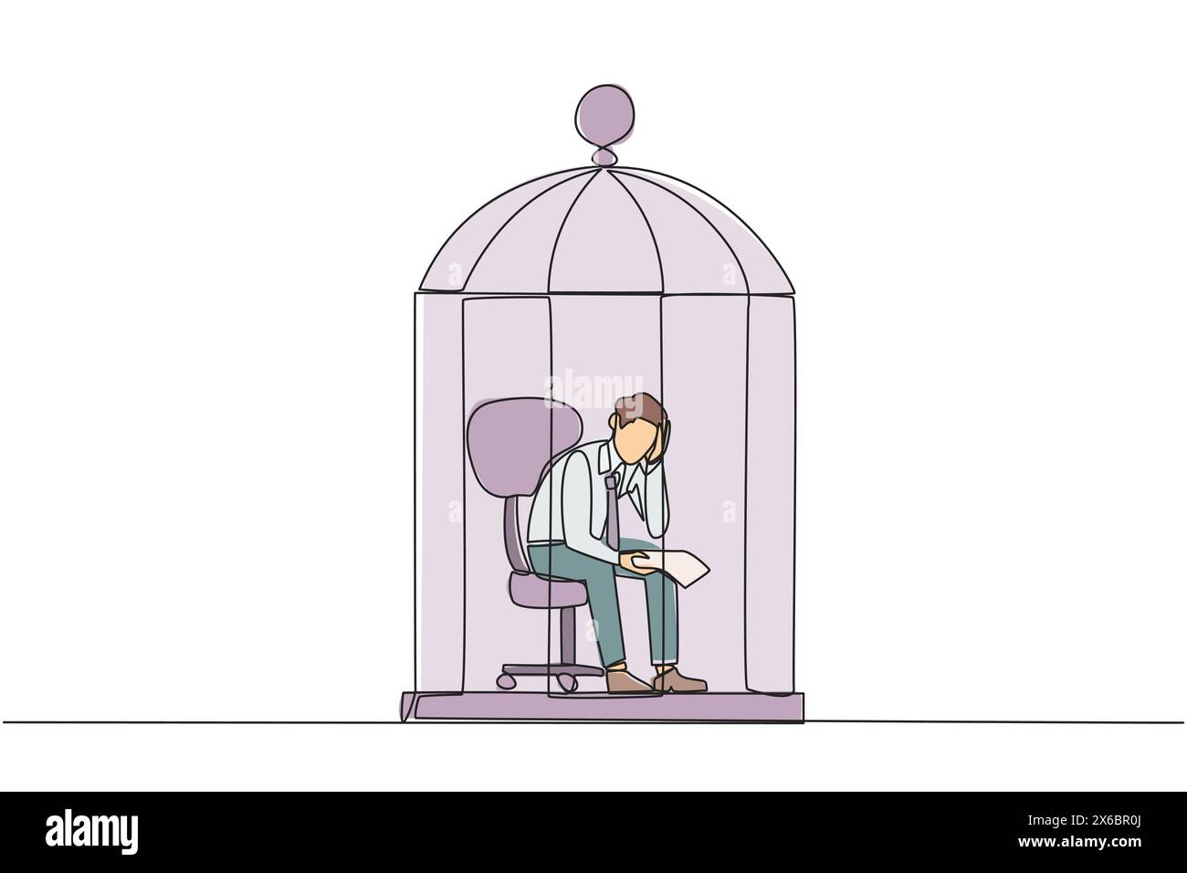Continuous one line drawing businessman trapped in cage sitting ...