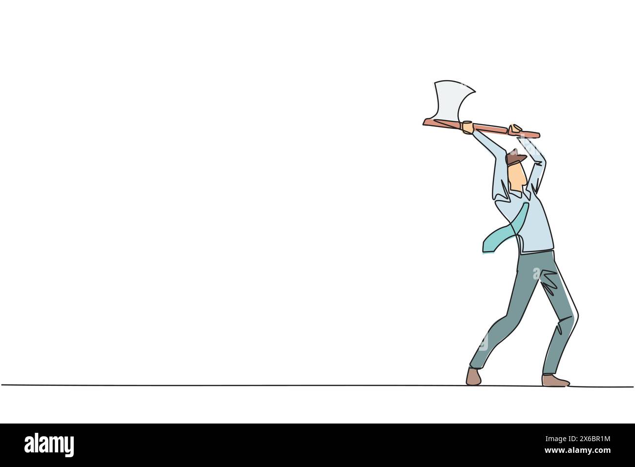 Single continuous line drawing young active businessman swinging an axe ...