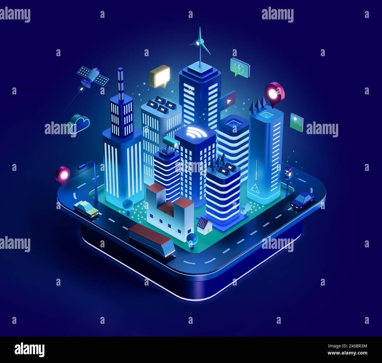 Isometric futuristic night city 3d illustration Stock Photo - Alamy