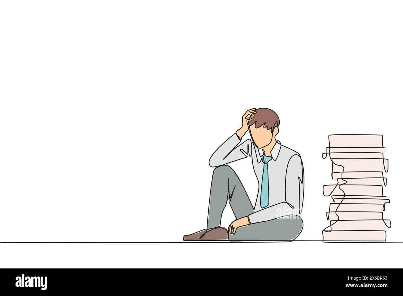 Single one line drawing businessman sitting near piles of work files ...