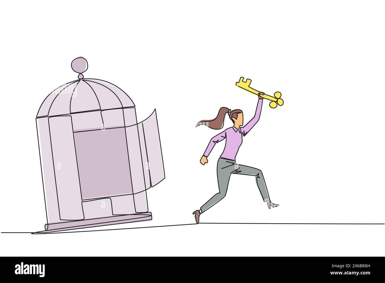 Single one line drawing businesswoman running out of the cage holding ...