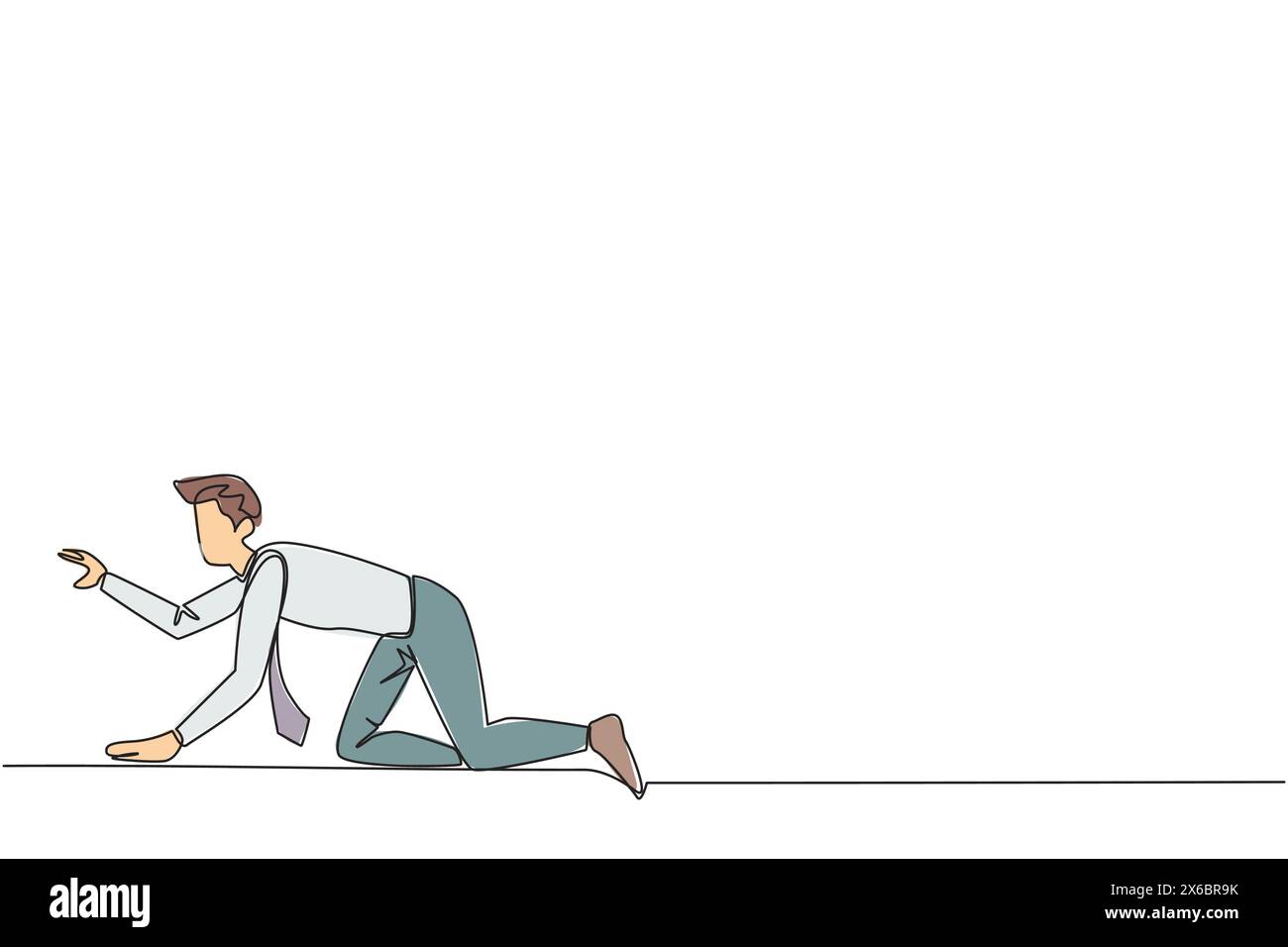 Single one line drawing crawling young businessman. Trying to get up ...