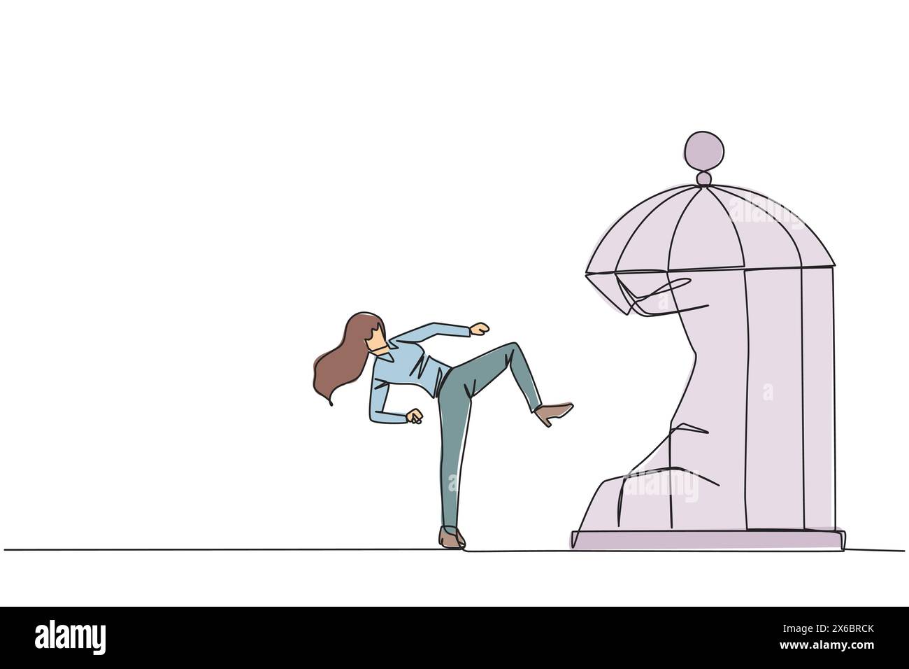 Single continuous line drawing taekwondo businesswoman destroy cage ...