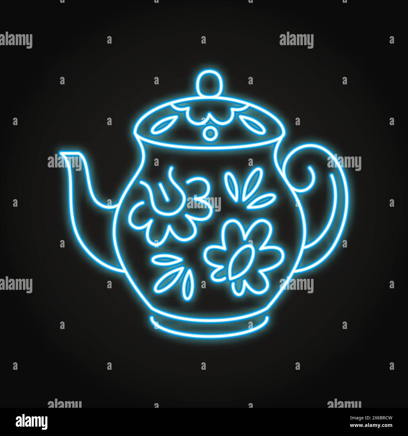Decorated teapot neon line icon. Porcelain pot in traditional Russian ...