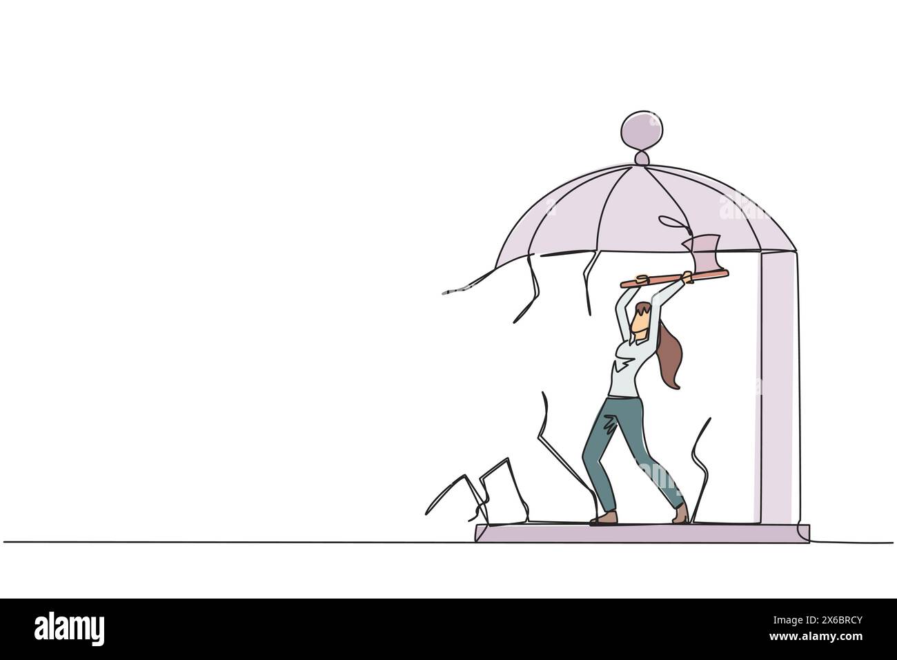 Continuous one line drawing businesswoman trapped in cage holding an ...