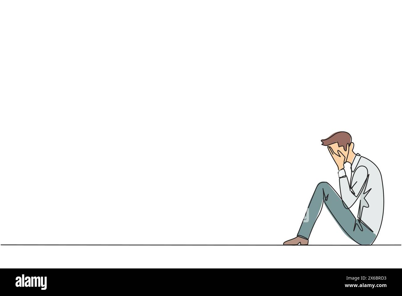 Continuous one line drawing businessman sitting while covering face. A ...