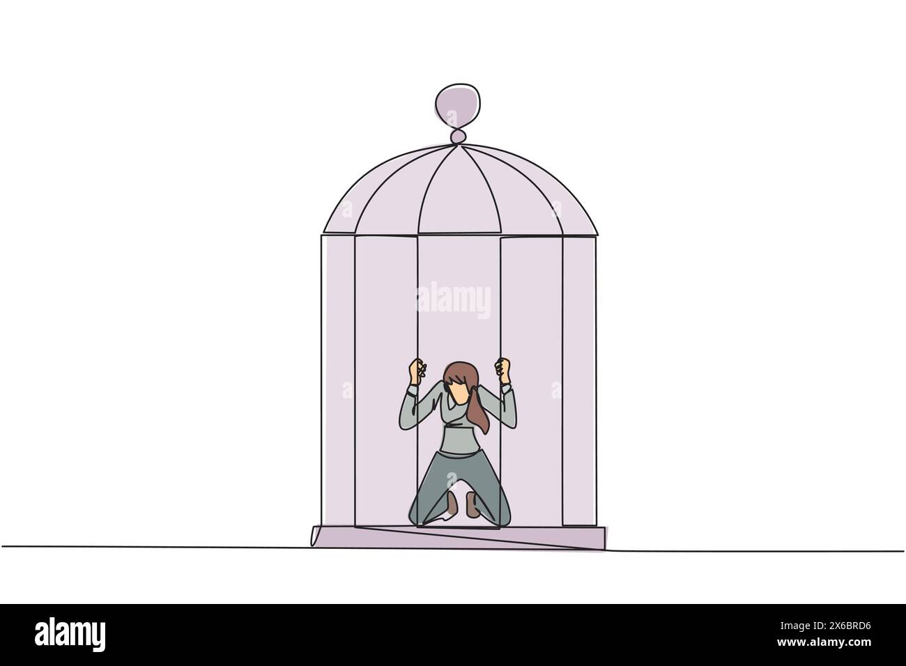 Single continuous line drawing businesswoman trapped in cage kneeling holding iron bars. Framed ...