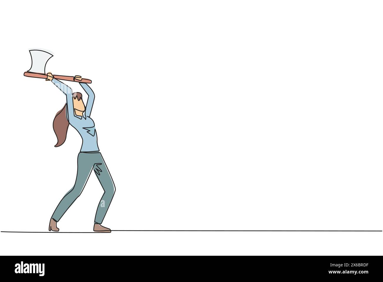 Continuous one line drawing young businesswoman swinging an axe. Style ...