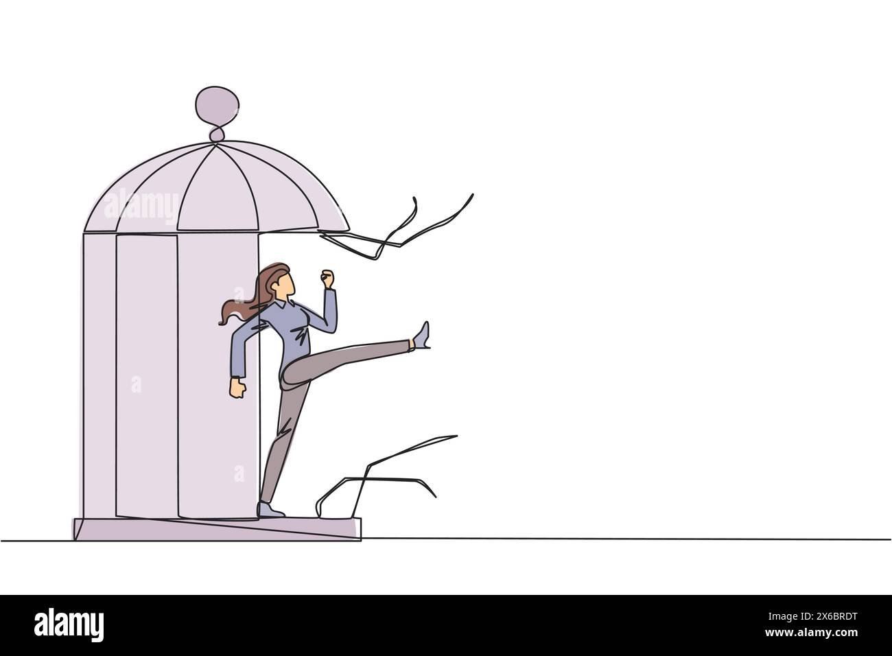 Single one line drawing businesswoman trapped in cage kick the cage ...