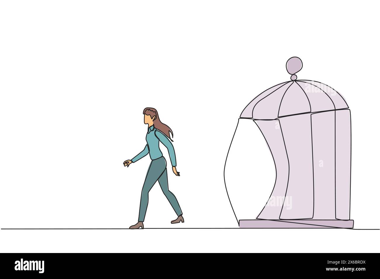 Continuous one line drawing businesswoman trapped in cage and walking ...