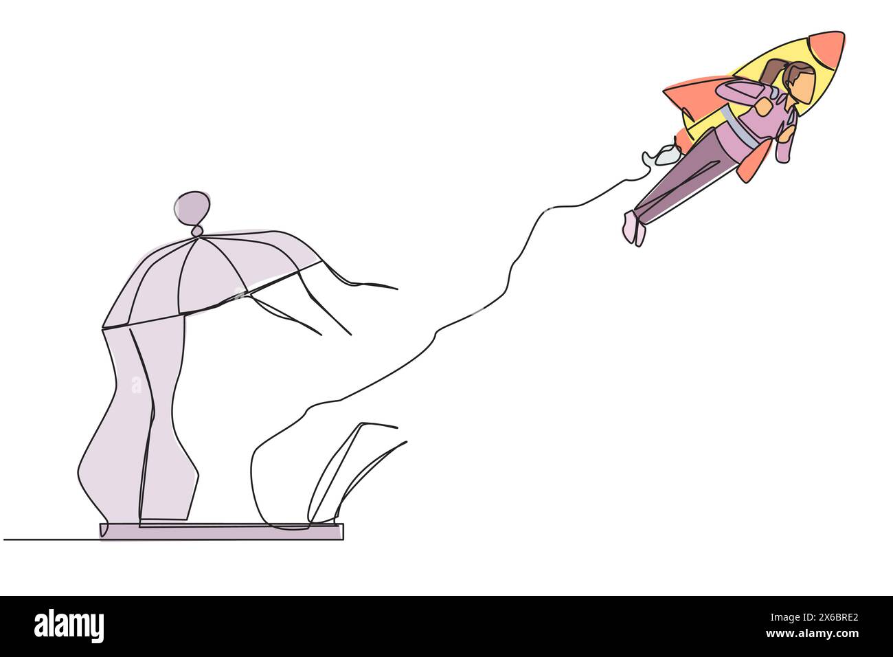 Single one line drawing businesswoman flying with rocket and breaks the ...