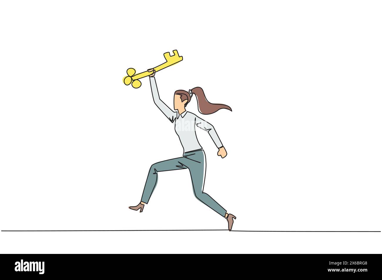 Continuous one line drawing businesswoman running holding key. Doing ...