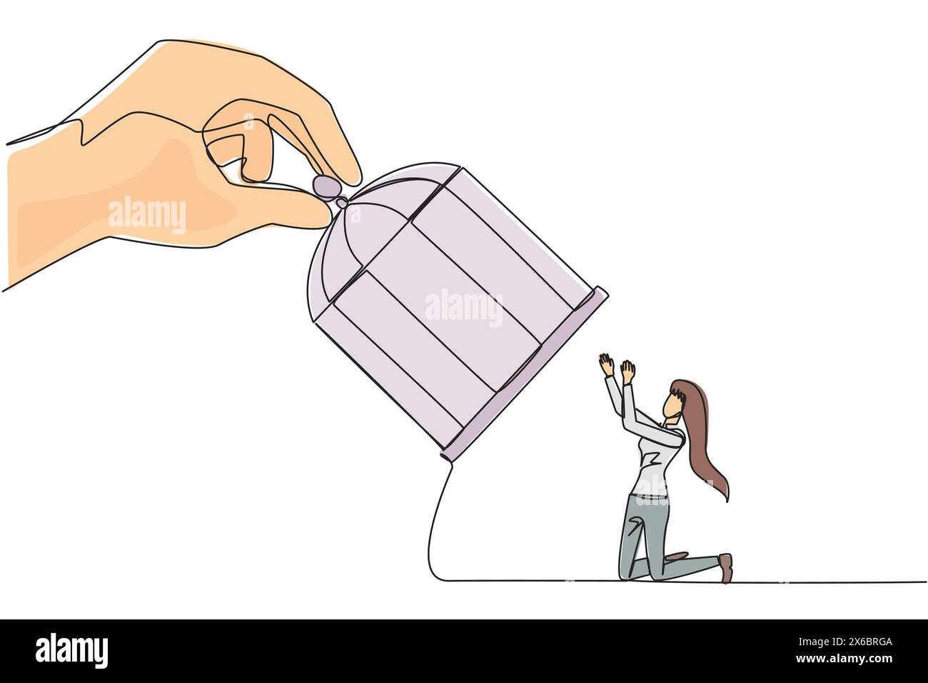 Continuous one line drawing big hand hold cage catch kneeling ...