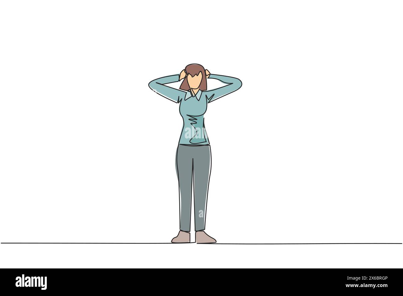 Single one line drawing businesswoman standing straight holding head ...