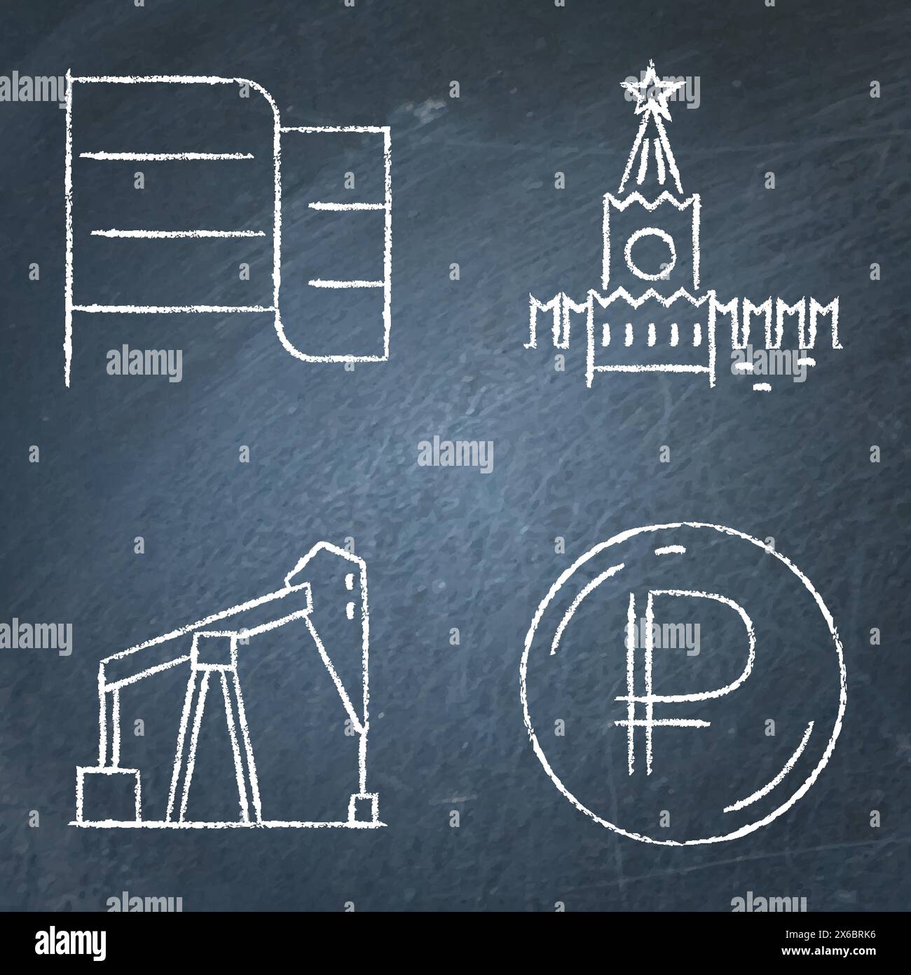 Russia symbols set on chalkboard. Russian flag, Kremlin tower, ruble ...
