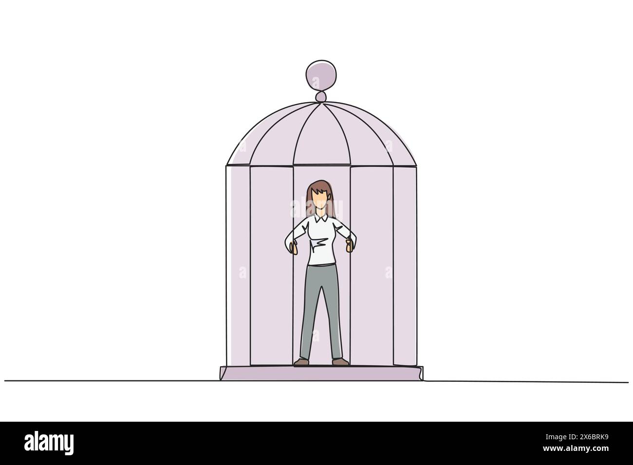 Single continuous line drawing unhappy businesswoman trapped in cage ...