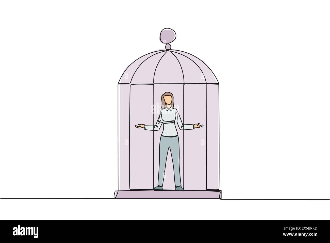 Single continuous line drawing businesswoman trapped in cage standing ...