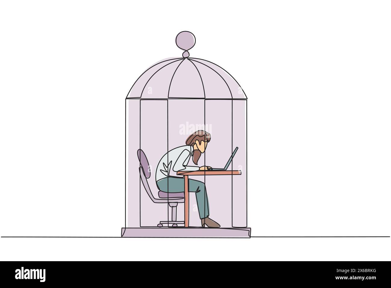 Single one line drawing businesswoman trapped in cage working on laptop ...