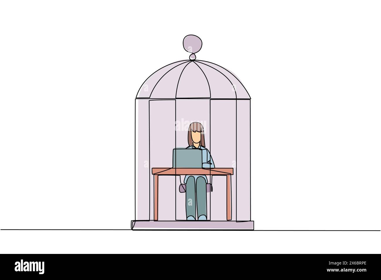 Single one line drawing businesswoman trapped in cage sitting and ...