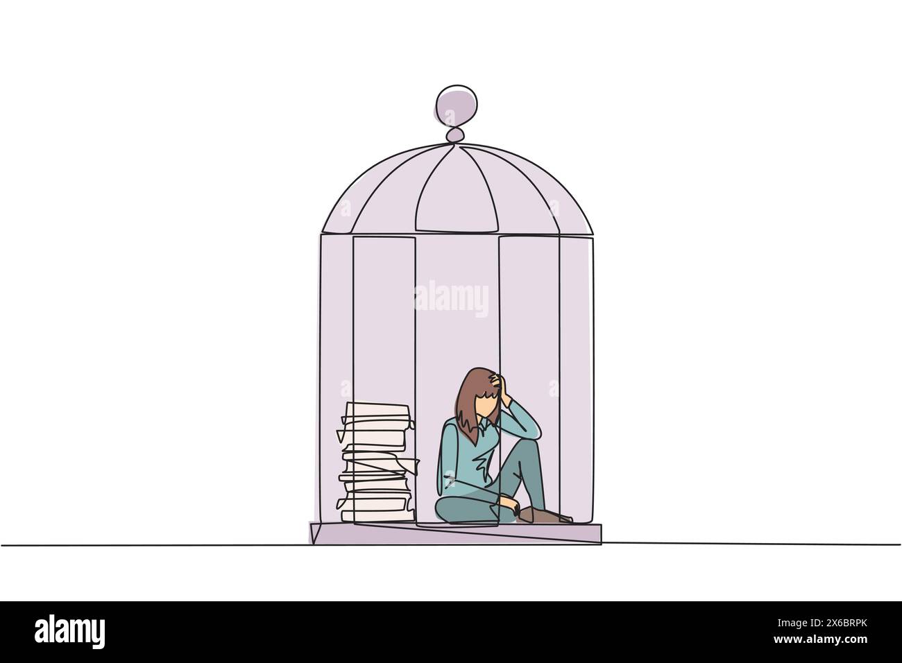 Continuous one line drawing businesswoman trapped in cage sitting down ...