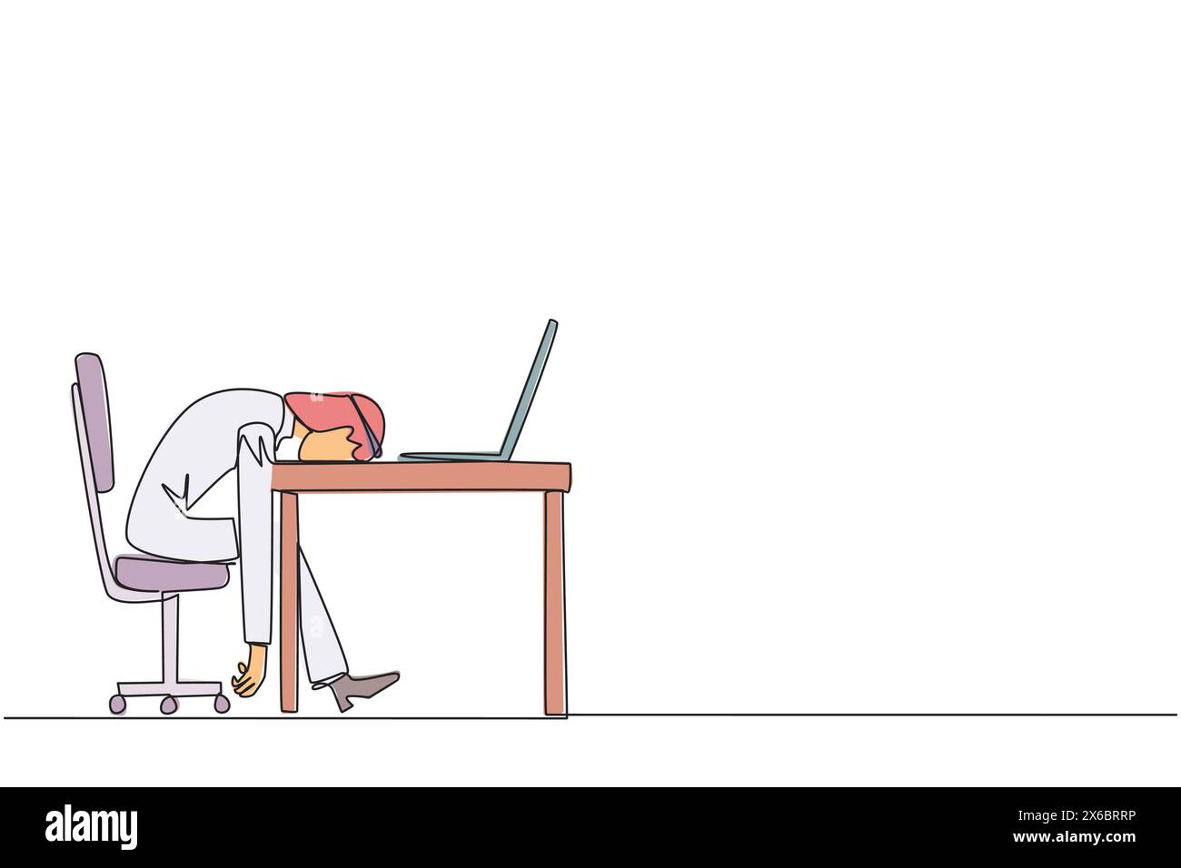 Single continuous line drawing Arabian businessman fell asleep in front ...