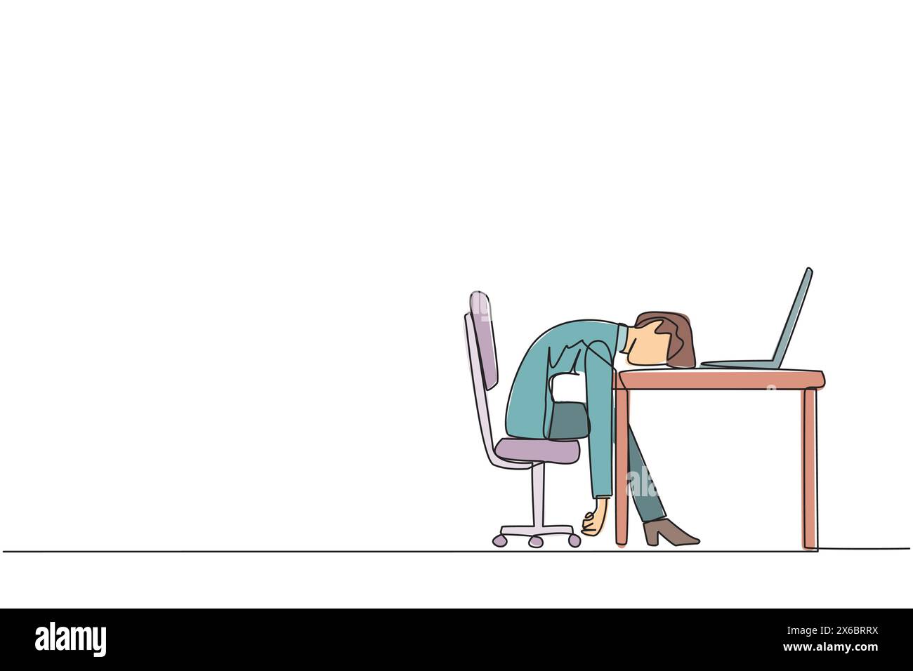 Continuous one line drawing businesswoman fell asleep in front of a ...