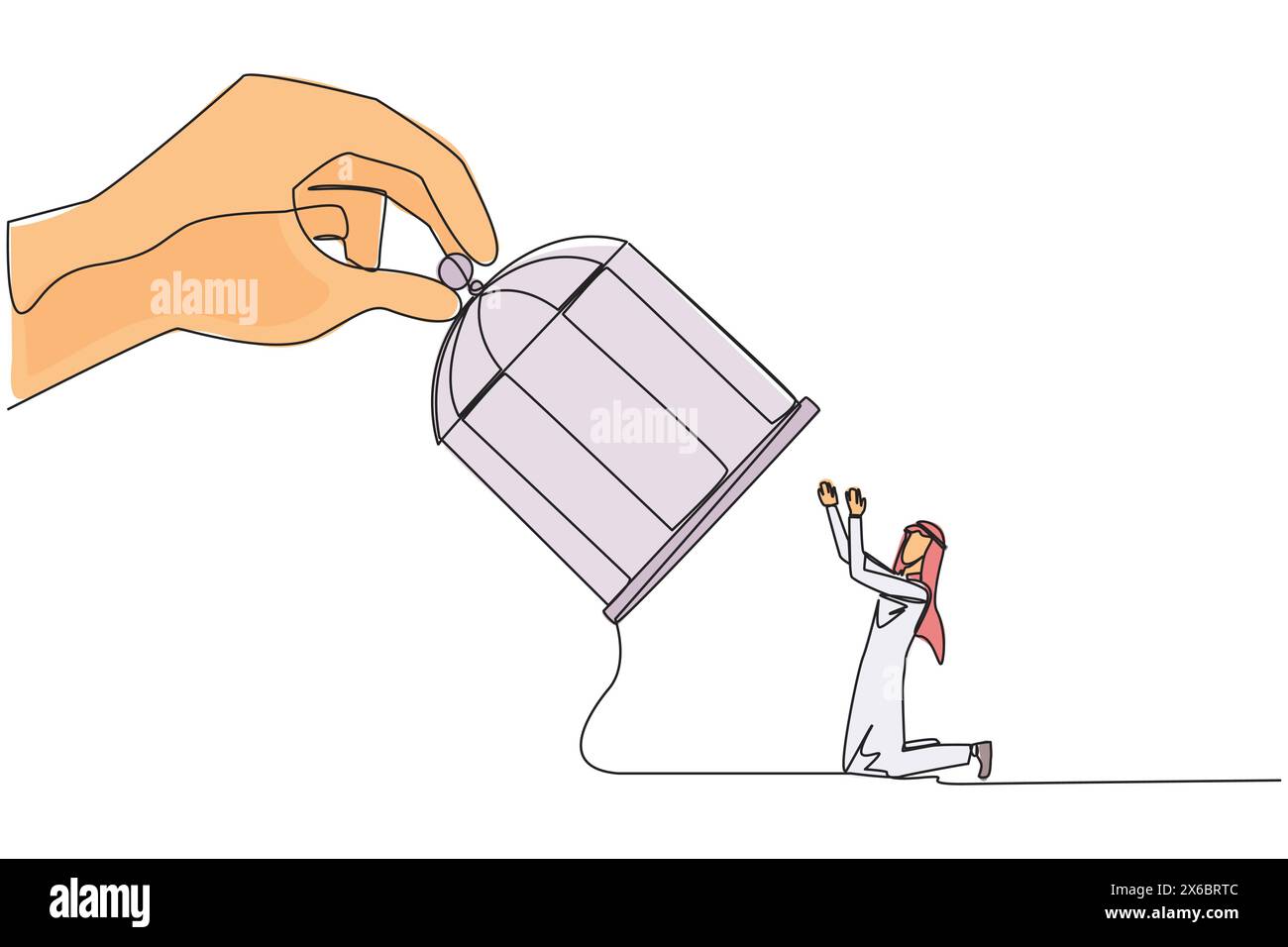 Single one line drawing big hand hold cage catch kneeling Arabian ...