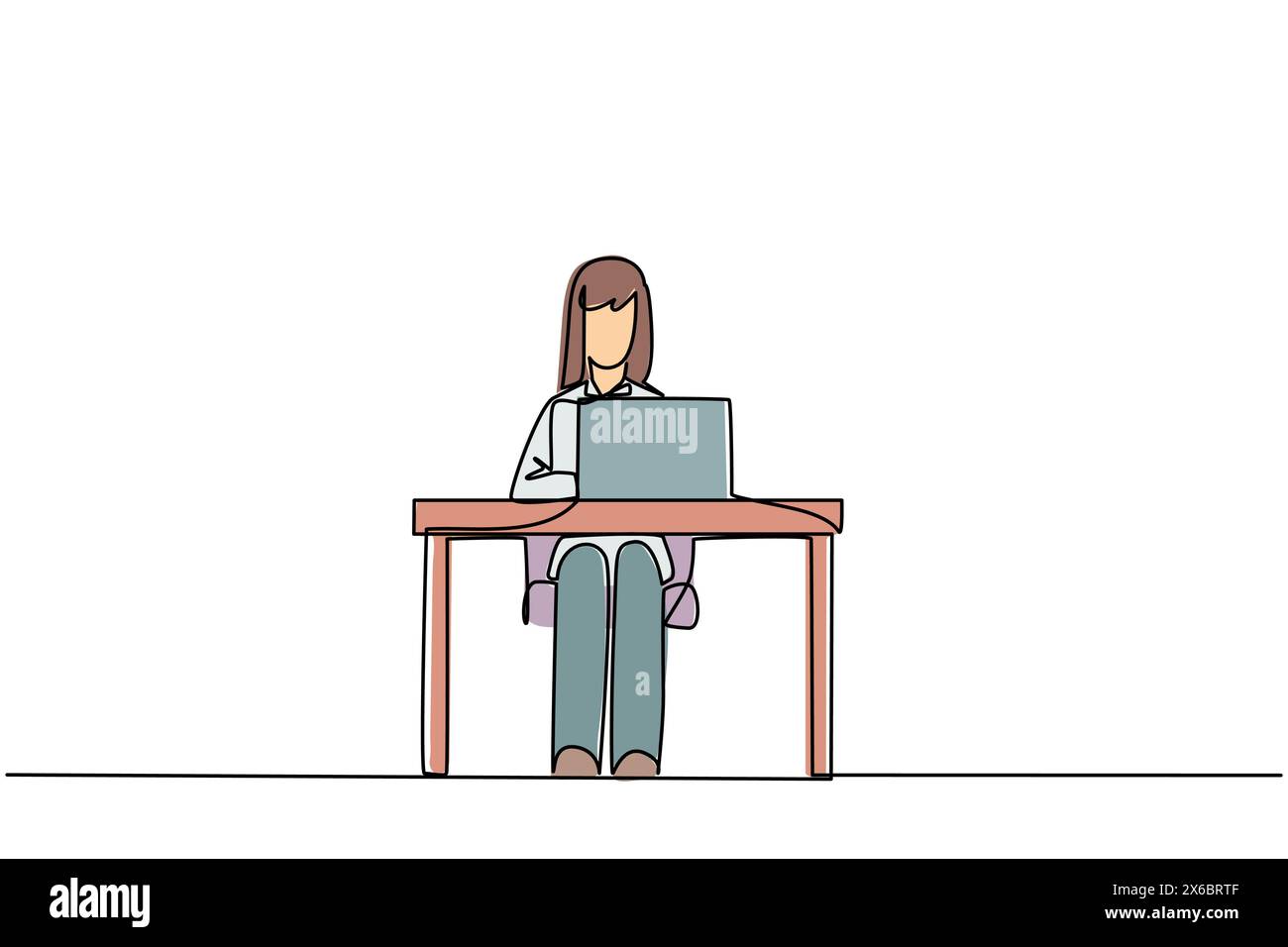 Continuous one line drawing businesswoman sitting and typing on laptop ...