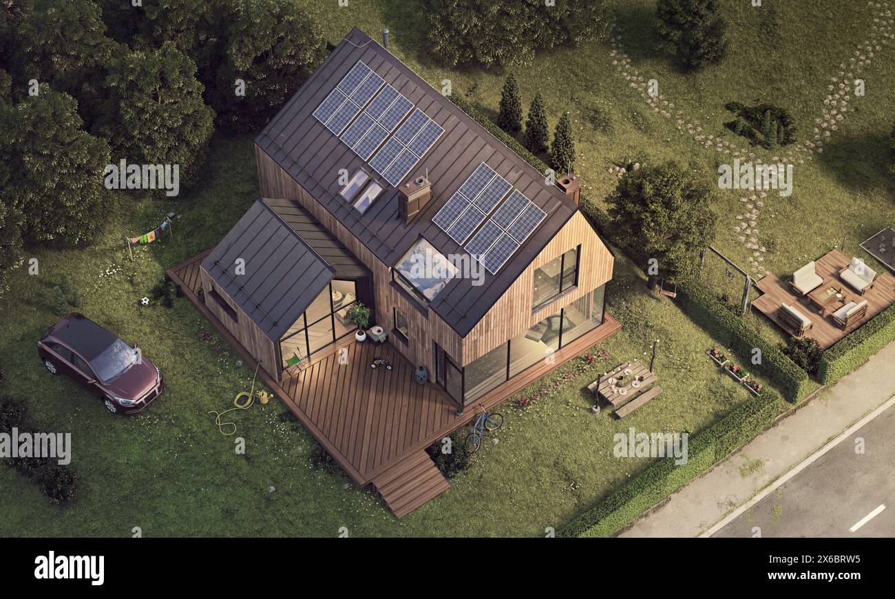 Modern house villa with solar panels - day version Stock Photo - Alamy
