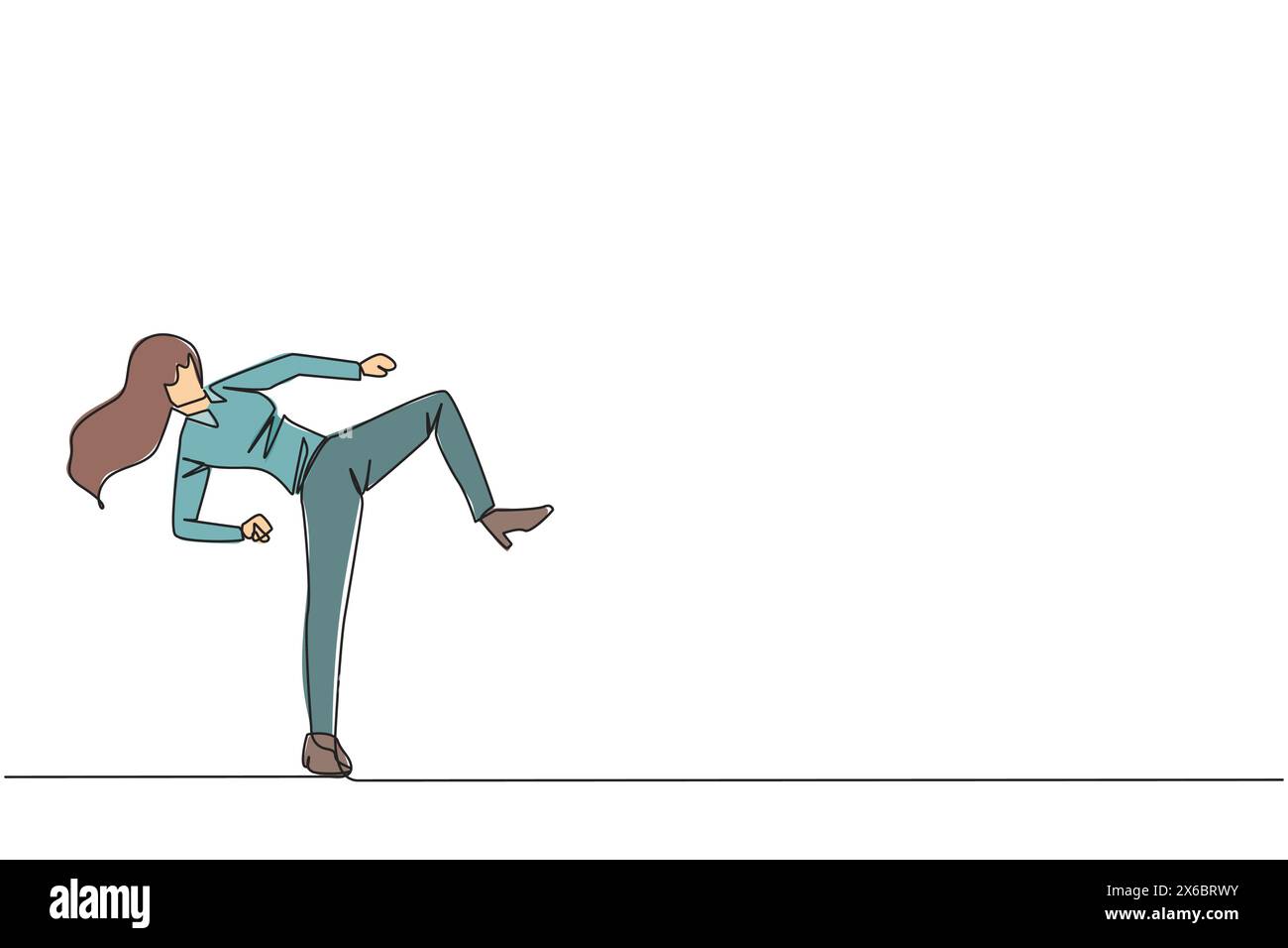 Continuous one line drawing businesswoman doing taekwondo movements ...