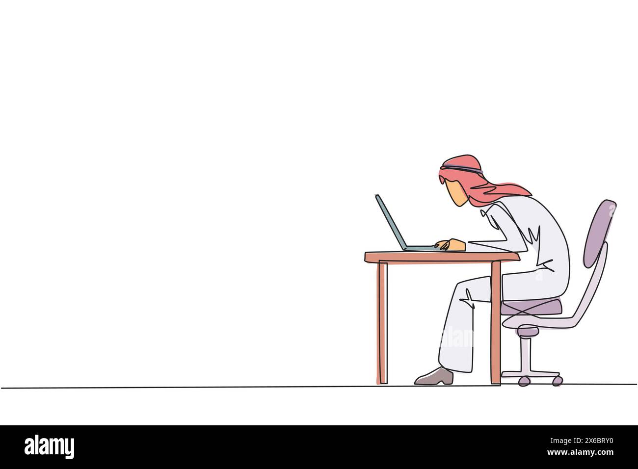 Single continuous line drawing Arabian businessman sitting and typing ...